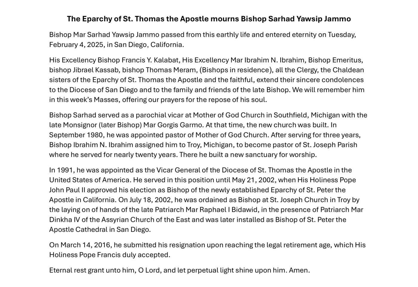 Bishop Sarhad Jammo - Chaldean Diocese of St. Thomas the Apostle U.S.A