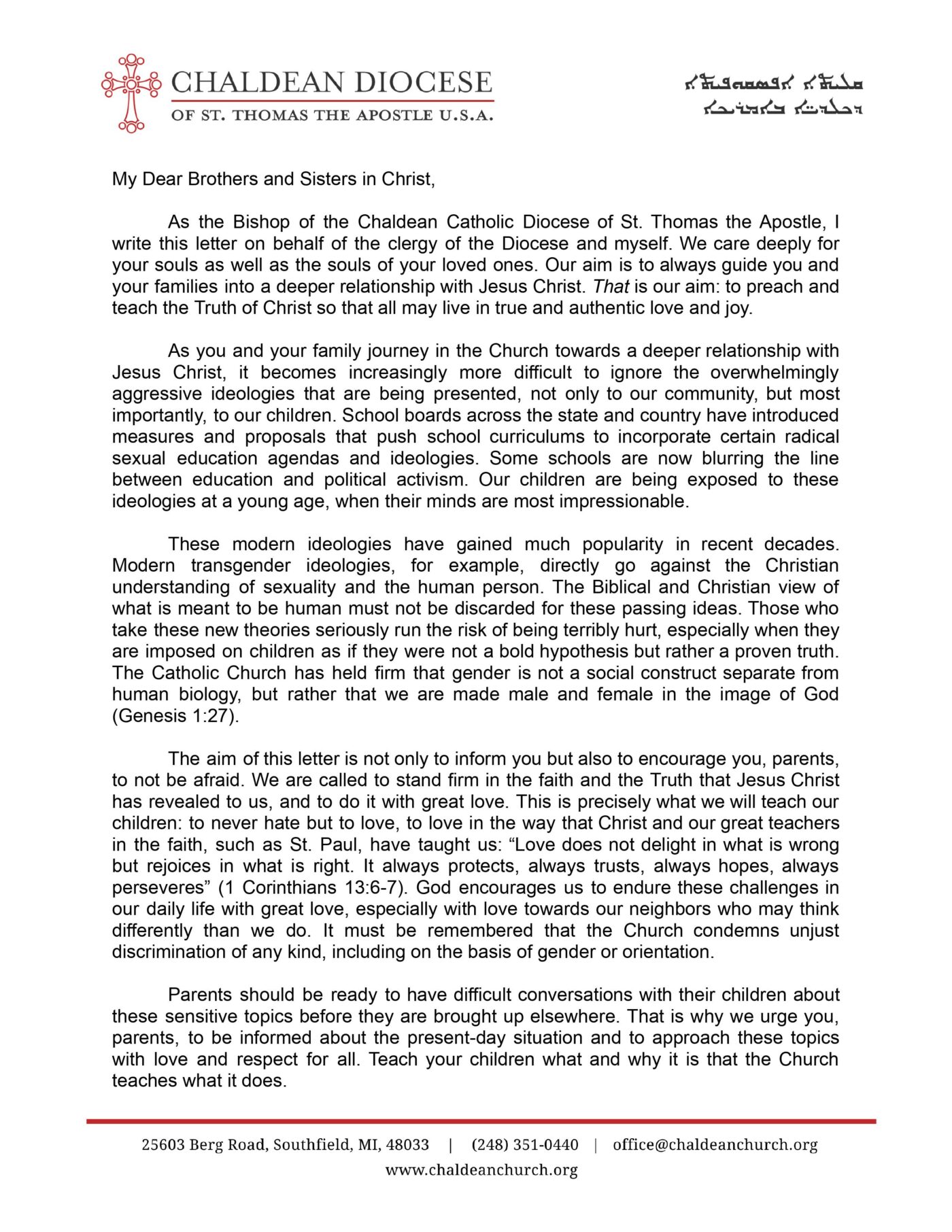 Bishop Kalabat Letter - Families in Harmony - Chaldean Diocese of St ...