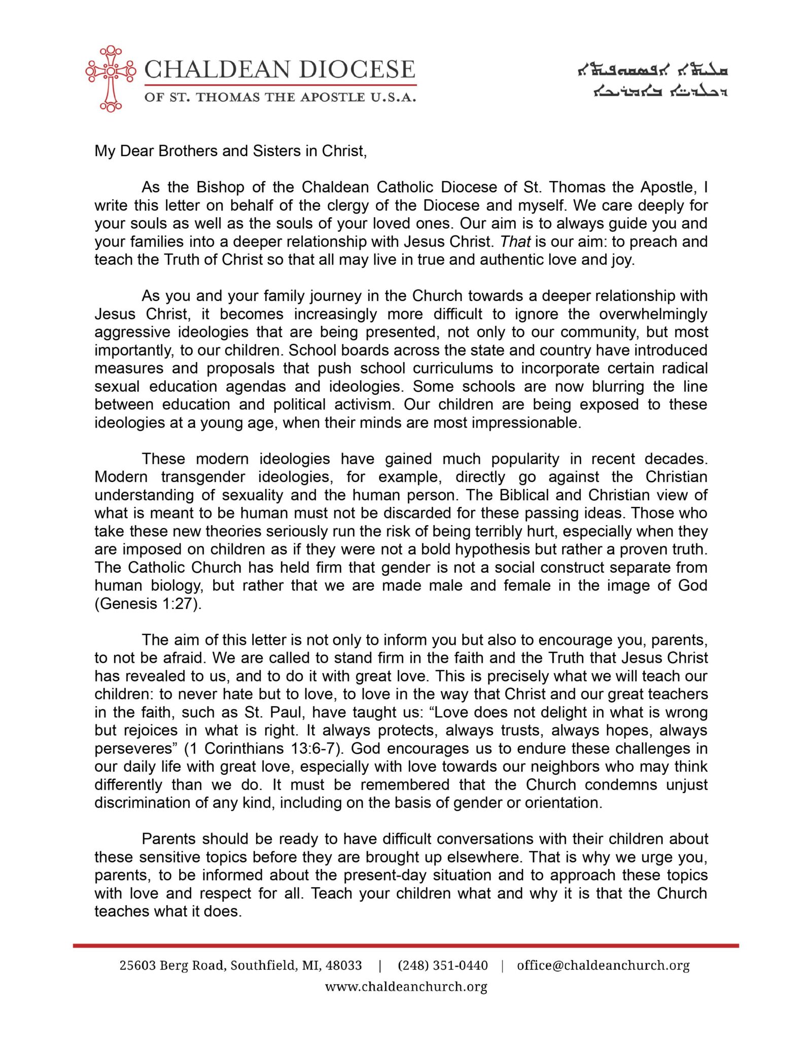 Bishop Kalabat Letter - Families in Harmony - Chaldean Diocese of St. Thomas the Apostle U.S.A
