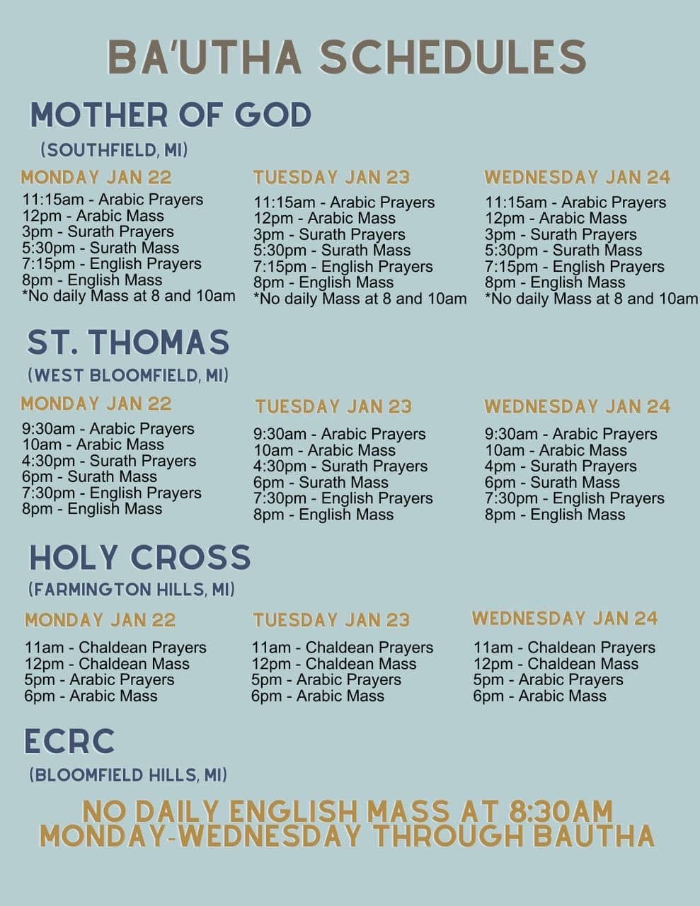 Ba'utha Prayer and Mass Schedules - Chaldean Diocese of St. Thomas the ...