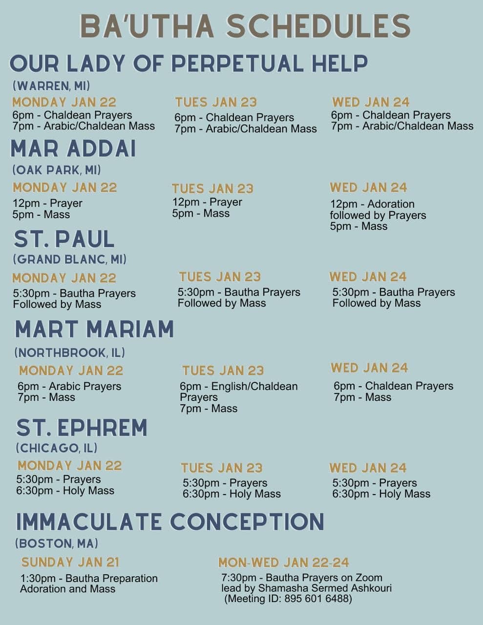 Ba'utha Prayer and Mass Schedules - Chaldean Diocese of St. Thomas the ...