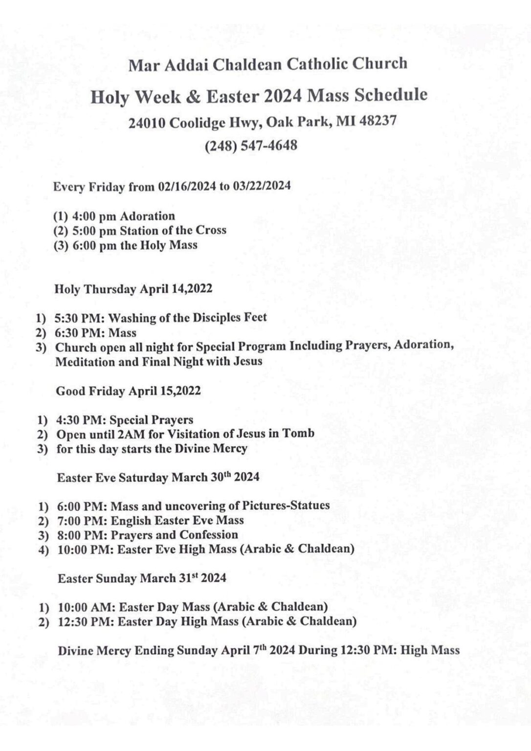 Holy Week and Easter Schedules 2024 - Chaldean Diocese of St. Thomas ...