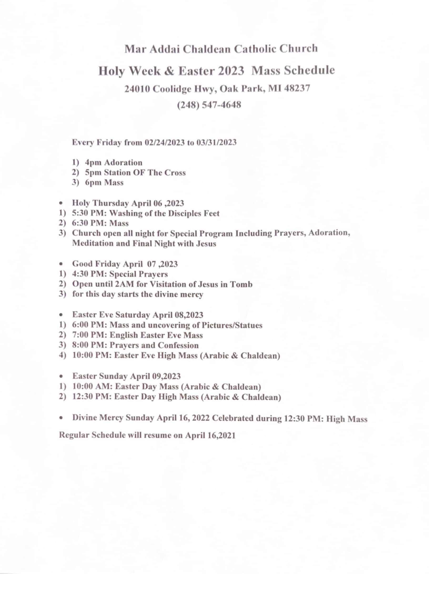 Holy Week and Easter Schedules 2023 - Chaldean Diocese of St. Thomas ...