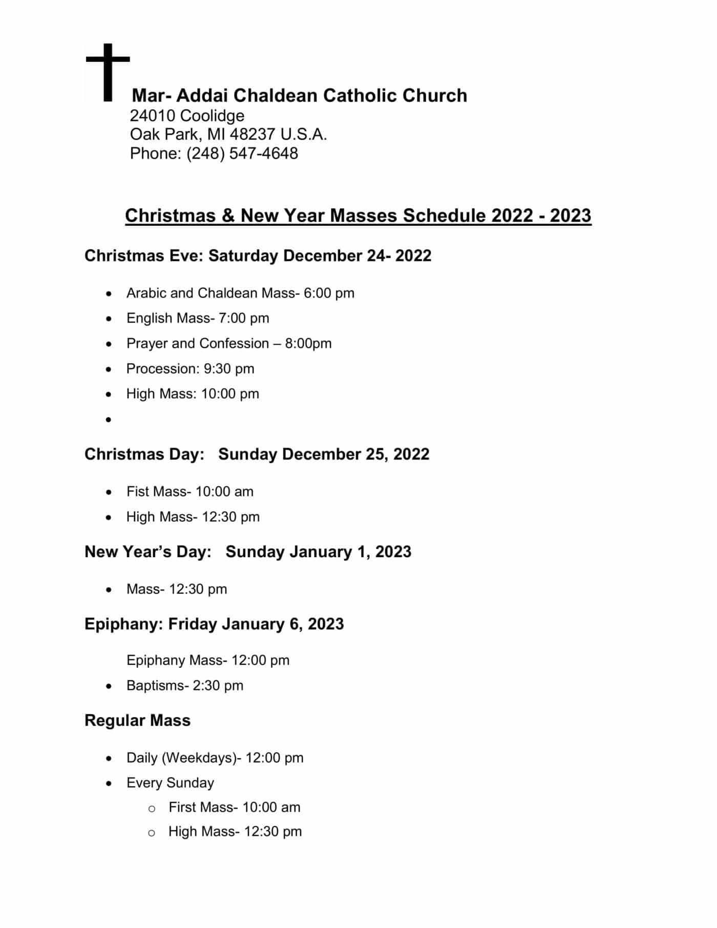 2022/2023 Christmas & New Year Masses - Chaldean Diocese of St. Thomas ...