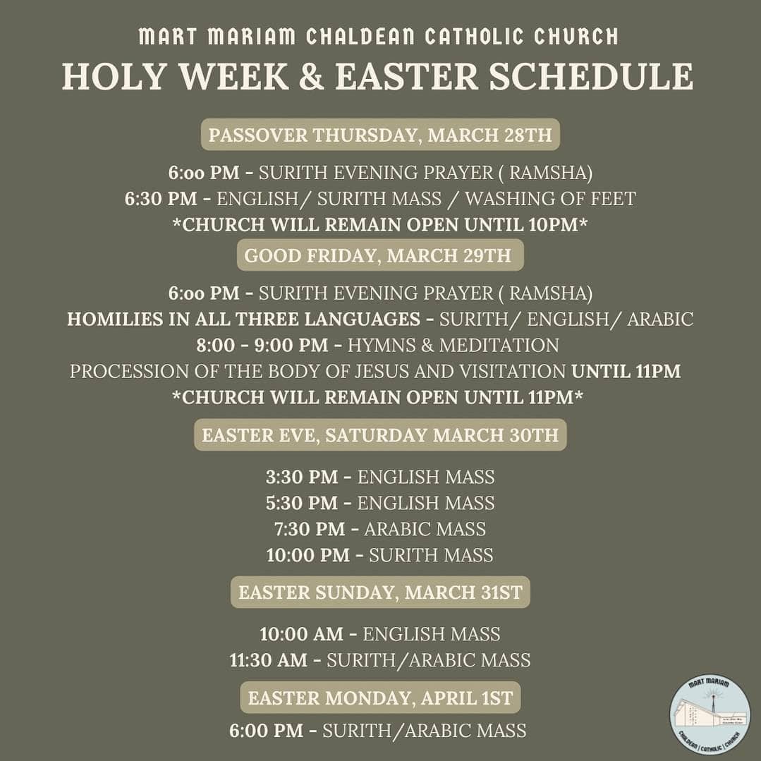 Holy Week and Easter Schedules 2024 - Chaldean Diocese of St. Thomas ...