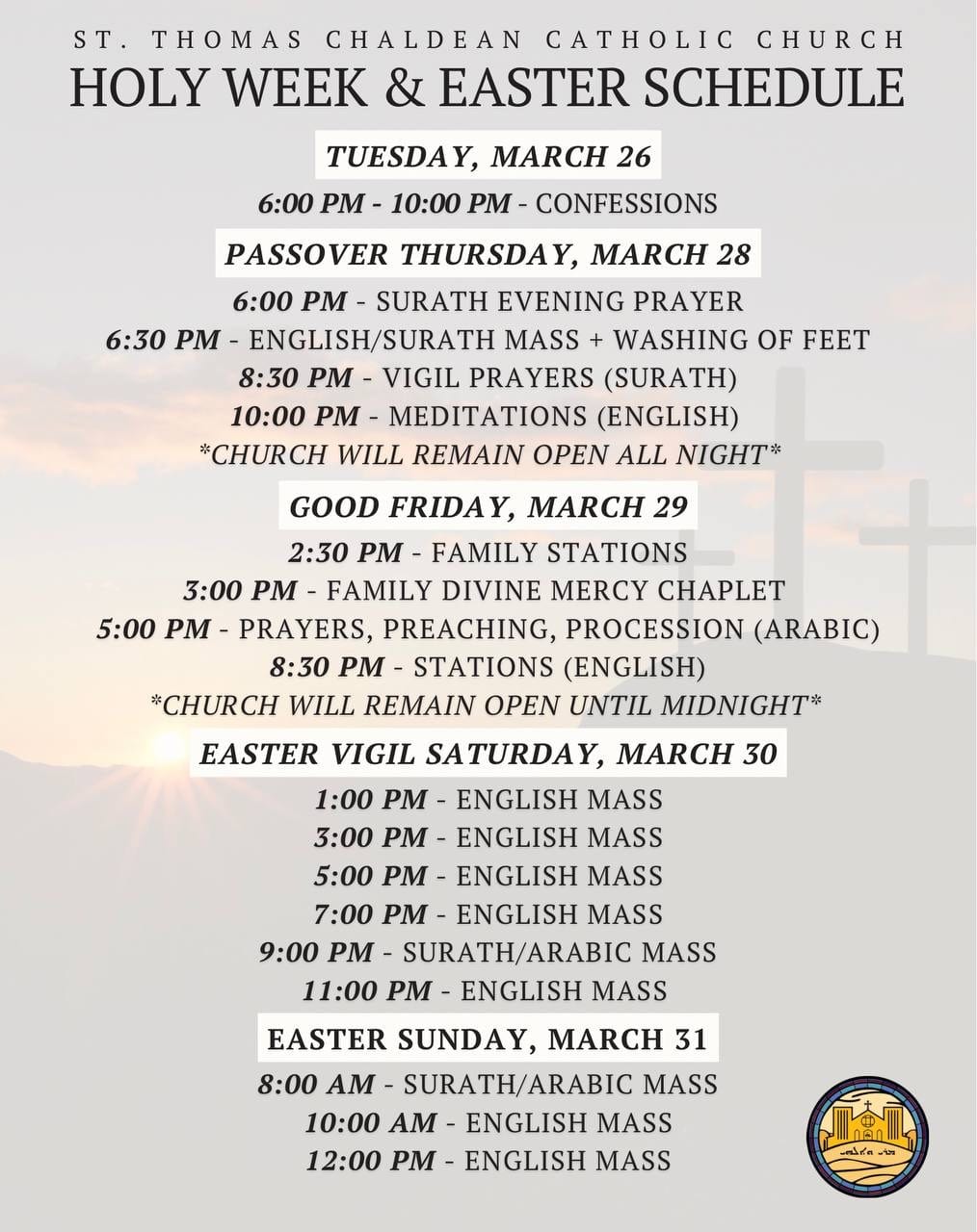 Holy Week and Easter Schedules 2024 - Chaldean Diocese of St. Thomas ...